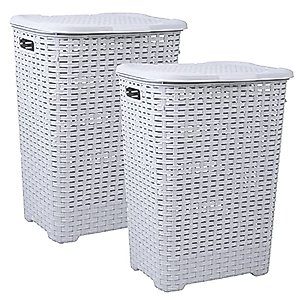 Plastic Laundry Hamper with Lid Laundry Hamper Basket, White Smoke 2 Pack Tall Cloths Hamper Organizer with Cut-out Handles. Space Saving for Laundry Room Bedroom Bathroom, Wicker Design 60 Liter