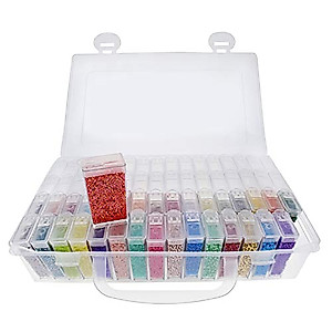 The Beadsmith Personality Case - Clear Storage Carrying Case 8.5 x 5 inches - and 64 flip top Boxes 1 x 2 inches Each, Includes Labels, for organizing and Storage