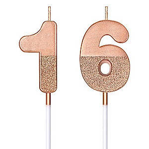 BBTO 16th Birthday Candles Glitter Cake Numeral Candles 16th Birthday Cake Topper Decoration for Birthday Wedding Anniversary Celebration Favor, Rose Gold