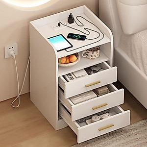 Halitaa White Night Stand with Charging Station, Side Tables with USB Ports & Outlets, End Table with 3 Drawers,LED Night Stand with Storage for Living Room/Bedroom