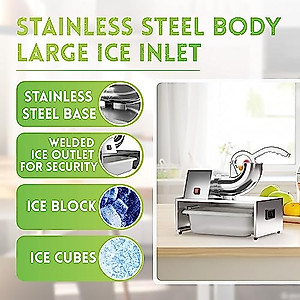 Tzechkii 110V Commercial Snow Cone Machine - Stainless Steel Ice Crusher Shaver and 20Qt Ice Basin - 250W Electric Shaved Ice Maker with Dual Blades for Home, Office, and Parties