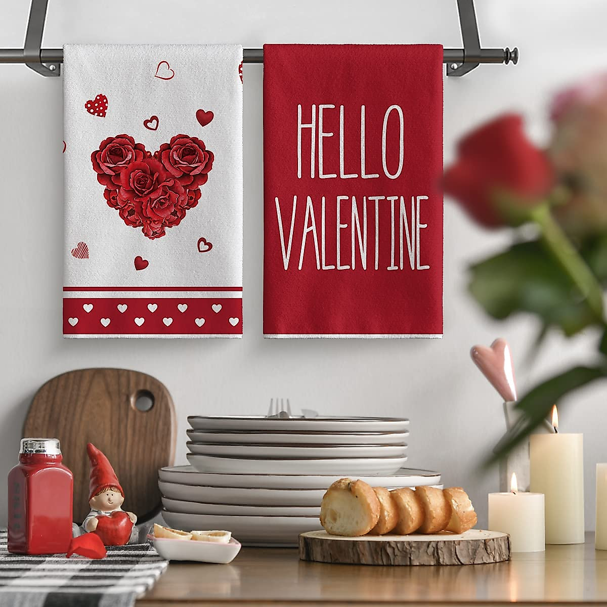 Artoid Mode Roses Hearts Hello Valentine's Day Kitchen Towels Dish Towels, 18x26 Inch Anniversary Decoration Hand Towels Set of 2