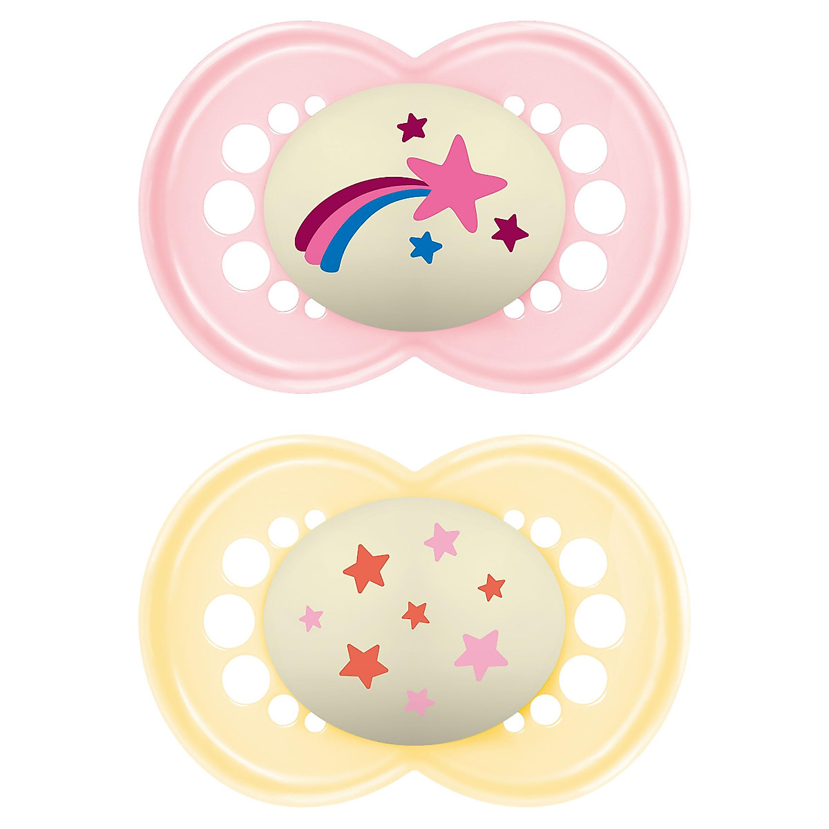 MAM Night Pacifiers (2 Count), MAM Pacifiers 6+ Months, Best Pacifier for Breastfed Babies, Glow in the Dark Pacifier, Baby Girl Pacifier (Design may vary), 6-16 (Pack of 2)