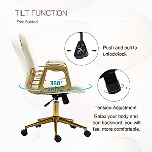 cayglow Velvet Office Desk Chair Comfy with Gold Base, Comfortable Makeup Chairs for Vanity with Back and Wheels,Button Tufted Armchair Swivel Rolling Chair,for Girls Women Study Bedroom,Beige