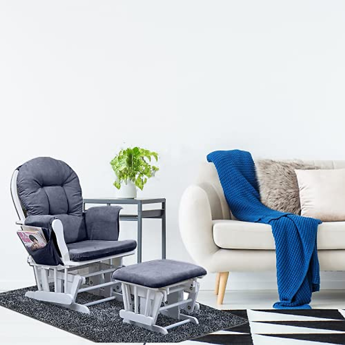 TOPINCN Glider Rocker Replacement Cushions Cover Set, Soft Velvet Cotton Chair Cushion + Stool Pad Set Warm Cover Rocking Chair Cushions Total Chair Pad Cushion for Home Office, Gray