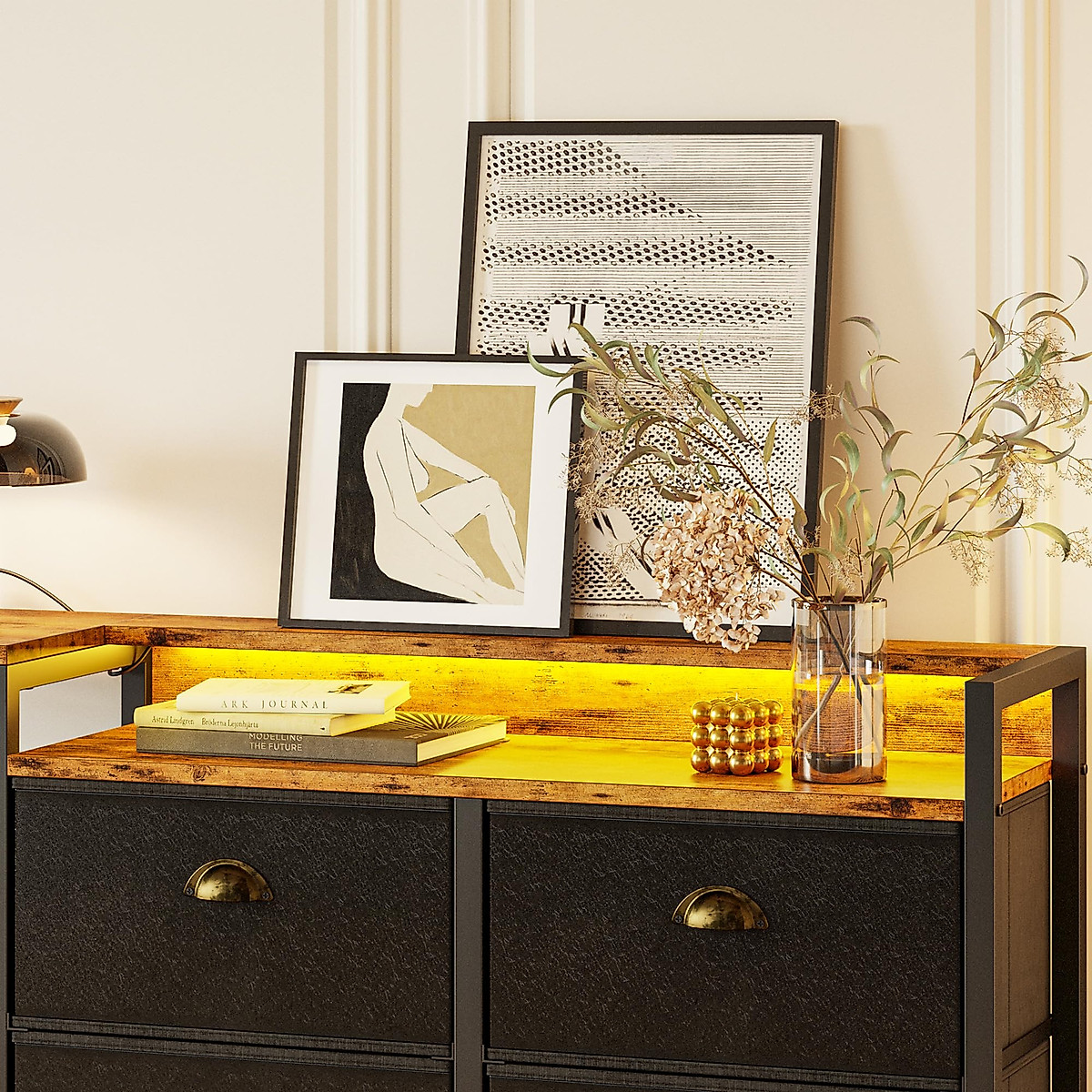 IRONCK Dresser with Power Outlets and LED Lights, 8 PU Leather Drawers Dresser with Charging Station, Wide Chests of Drawers for Closet, Bedroom, Hallway, Vintage Brown Black