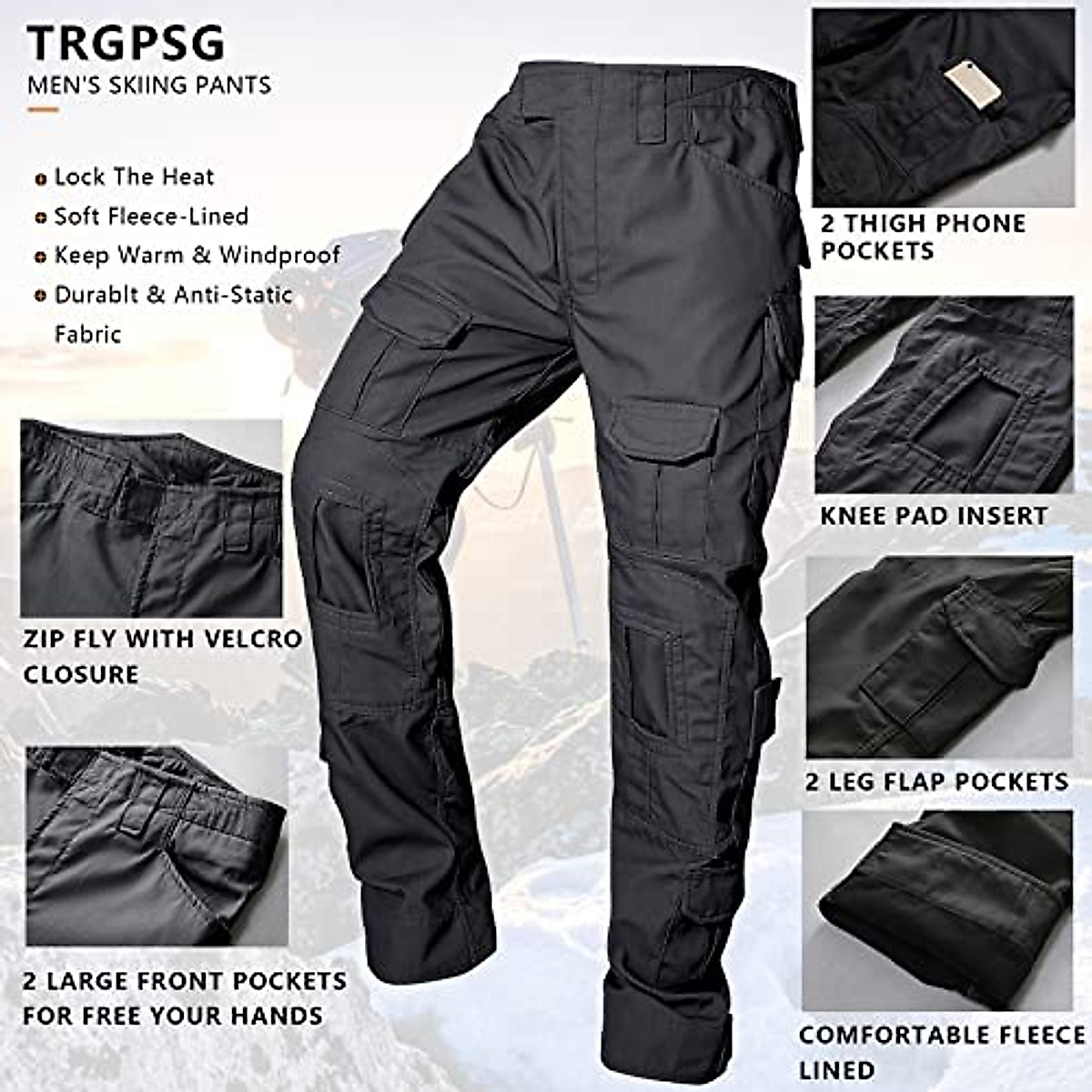 TRGPSG Mens Hiking Pants, Fleece Lined Snowboard Pants, Multi-Pocket Windproof Snow Ski Pants, Soft Shell Warm Winter Pants JRG3 Black 32