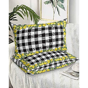 Edwiinsa Summer Lemon Pillow Covers Standard Size Set of 2 20x26 Bed Pillow, Yellow Fruit Spring Floral Black Plaid Plush Soft Comfort for Hair/Skin Cooling Pillowcases with Envelop Closure