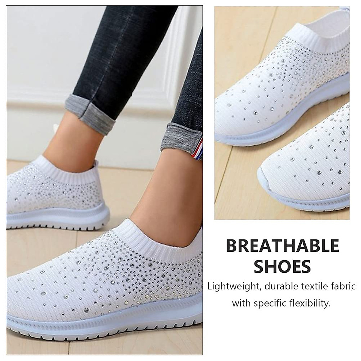1pair Rhinestone Sneakers Miss White Sole: Rubber Simple