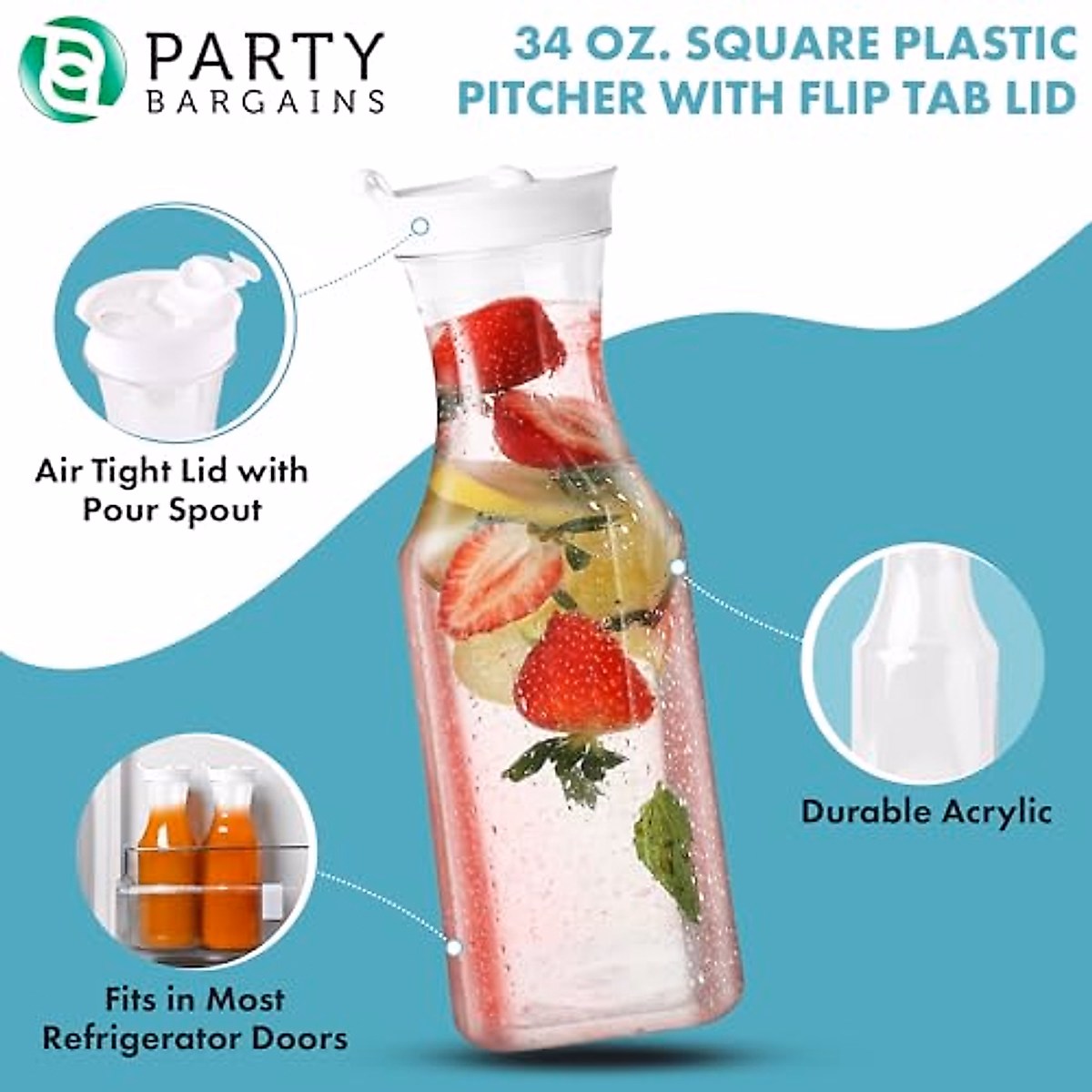 Party Bargains 34 Oz. Water Carafe with White Flip Tab Lid, Square Base, 6 Pack