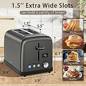 SEEDEEM Toaster 2 Slice, Stainless Steel Bread Toaster with LCD Display, 7 Bread Shade Settings, 1.5'' Variable Extra Wide Slots Bagel Toaster with 4 Functions, Removable Crumb Tray, 900W, Dark Metallic …
