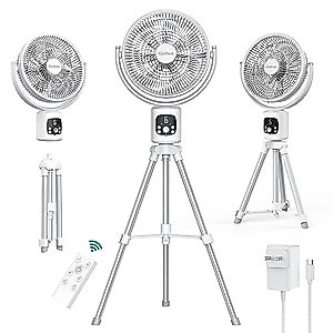 Coohea Oscillating Fan 11" Standing Fan with Detachable Tripod 12000mAh Rechargeable Battery Floor Fan Quiet White Pedestal Fan with Remote for Indoor Outdoor Home Bedroom, Adjustable Height & 6-Speed