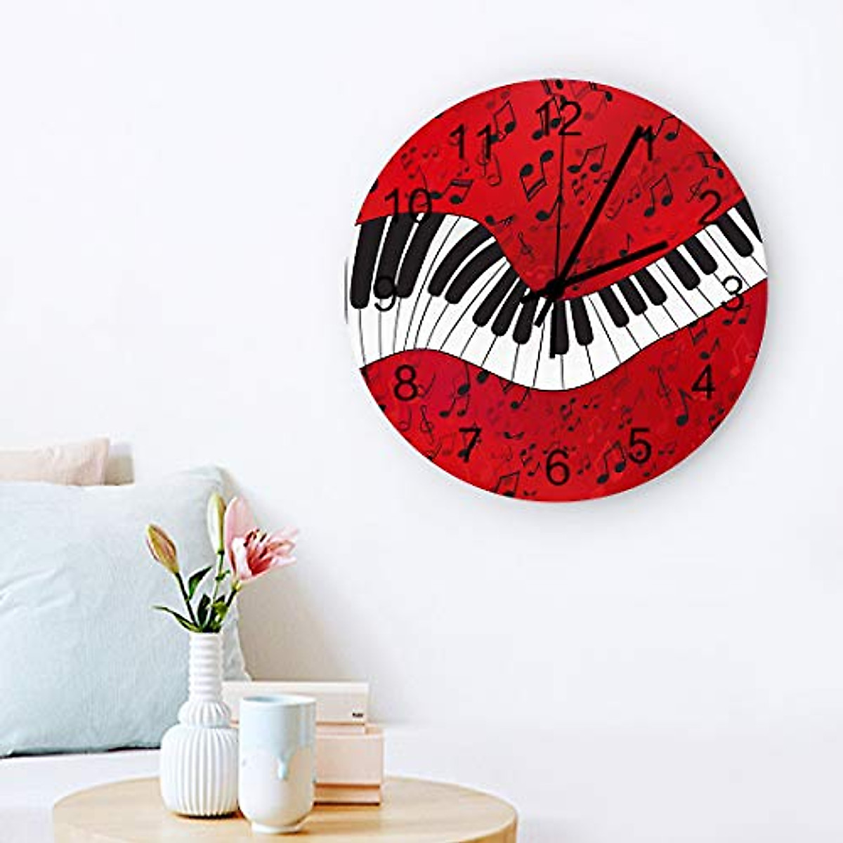 Round Wall Silence Clock Music Musical Notes with Piano Decorative Non-Ticking Battery Operated Clock Red White Wooden Wall Decor Clock for Bedroom Living Room Home Office School