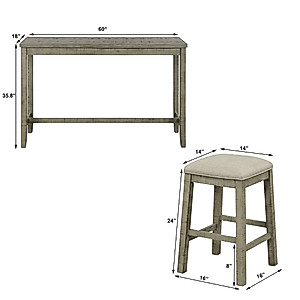 Merax 4-Piece Counter Height Bar Table Set with Socket and Fabric Padded Stools, Rustic Bar Dining Set, Gray Green