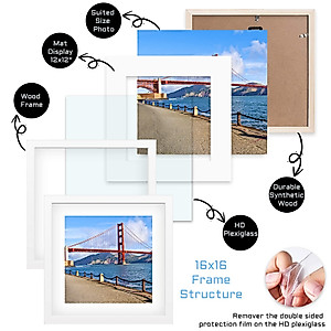 POUYCIW 16x16 inch Wood Picture Frame for Wall Hanging Square Photo Frames with Mats 12x12 inch Pictures for Baby Scan,Poster,Decoration,Anniversary,Wedding,Christmas,Diamond Painting(White)