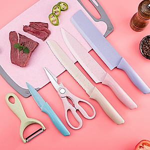 CHUYIREN Knife Set, Colorful Kitchen Knife Set 7 PCS, High Carbon Stainless Steel Cute Knife Set with Non-Stick Coating and Cutting Board for Cooking, Camping, RV Travel, and Dorm,Gift Box