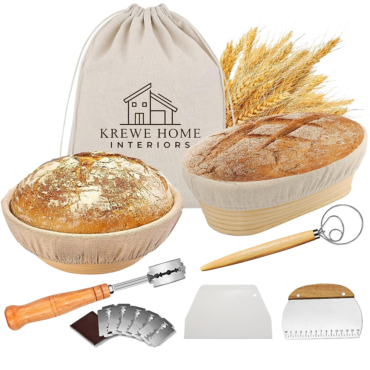 Banneton Bread Proofing Basket Set of 2-9 inch Round & 10 inch Oval Sourdough Basket, Sourdough Bread Kit with Bread Lame, Dough Scraper, Dough Whisk and Linen Liners, Bread Making Tools and Supplies