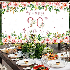 Crenics 90th Birthday Decorations for Women, Rose Gold Floral Happy 90th Birthday Banner Backdrop for Female 90 Birthday Party Supplies, 5.9 x 3.6 Ft