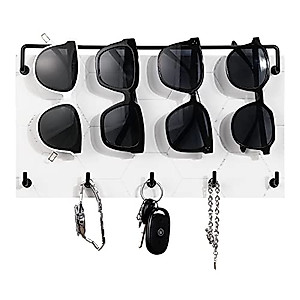 Emibele Sunglass Organizer Wall Key Holder, Decorative Wood Wall Jewelry Organizer Glasses and Sunglass Holder Display with 5 Hooks Key Rack Hanging Eyeglass Storage for Entryway Living Room, White