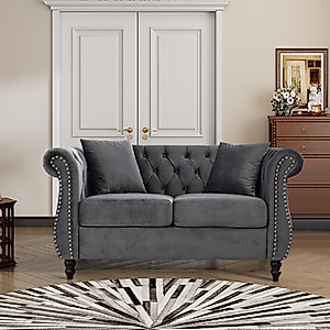 ATUMON 59" Chesterfield Loveseat Velvet Sofa for Living Room,2-Seater Sofa Tufted Couch with Two Pillows,Rolled Arms and Nailhead for Living Room, Bedroom, Office Grey