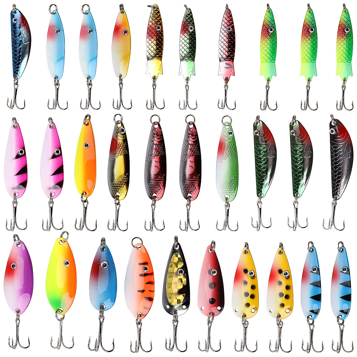 Fishing Spoons Lures Kit,30pcs Hard Metal Fishing Spinner Baits Trout Lures Casting Trolling Trout Spoons Fishing Lures with Treble Hooks for Bass Salmon Pike Walleye