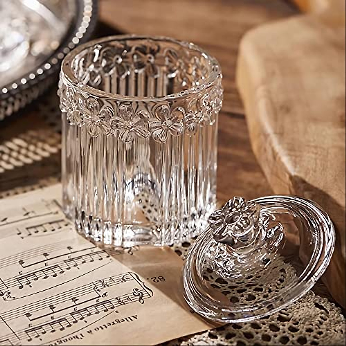 rejomiik 2 Pack Qtip Holder Glass Apothecary Jars with Lids Bathroom Accessories Vanity Organizers and Makeup Storage Canister for Cotton Ball, Cotton Swab, Floss, Candy, Clear