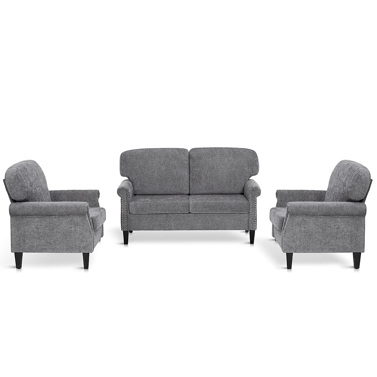 Sophia & William 3 Piece Living Room Furniture Set, 1 Loveseat & 2 Accent Chairs, Linen Fabric Comfy Sectional Sofa Couch for Living Room, Bedroom, Grey