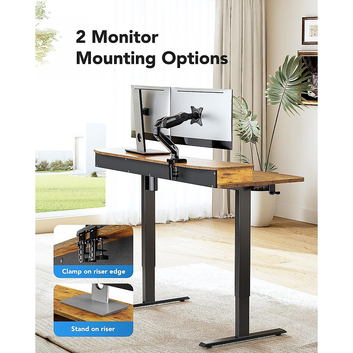 HUANUO 48" x 26" Electric Standing Desk with 2 Drawers & 26.7" Large Keyboard Tray, C-Clamp Mount Compatible, Adjustable Computer Desk for Home Office, Stand Up Desk with 4 Height Presets, Vintage
