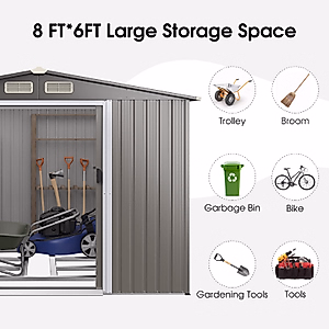 Goplus Outdoor Storage Shed, 8.5’ x 6.8’ x 6’ Weather-Resistant Utility Tool Organizer w/Foundation, 4 Louvers, Double Doors & Ramp, Galvanized Steel Tool Shed for Garden, Lawn, Yard