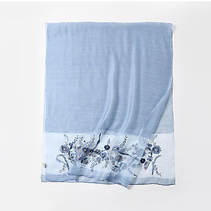 Jeelow Silk Wool Fashion Scarf Shawl Wrap Lightweight Sheer For Women Floral Embroidery Wedding Party Prom (Blue Floral)