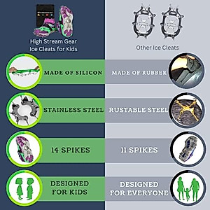 Kids Ice Cleats - Snow Crampons for Hiking Boots & Shoes with 14 Stainless Steel Spikes, Anti Slip Traction Grips for Boys and Girls, Snow Cleats for Hiking, Walking & Climbing (Small, Green)