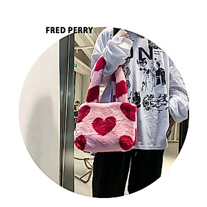 Plush Shoulder Bag Hobo Bag Small Fluffy Purse Love Pattern Clutch Bag Winter Furry Handbag Underarm Purse for Women