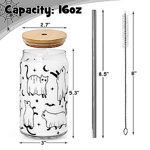 Nefelibata Halloween Ghost Cat Iced Coffee Cup 16 OZ Beer Can Glass Glass with Lid Metal Straw and Brush, Reusable Drinking Jar for Coffee Tea Soda Juice Fall Halloween Christmas Gift Ideas Set of 1