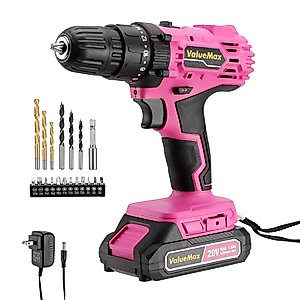 ValueMax Pink Cordless Drill Set, 20V Lithium-ion Power Drill Set with LED Light and Magnetic Holder, 3/8-Inch Keyless Chuck, 18+1 Torque Settings, Electric Cordless Drill Set with Battery and Charger