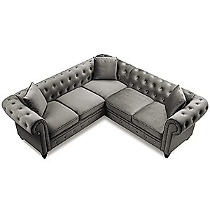 SIYAHOME Sofas & Couches 80 x 80 x 28“ Deep Button Tufted Velvet Upholstered Rolled Arm Classic Chesterfield L Shaped Sectional Sofa 3 Pillows Included, Grey, 808028