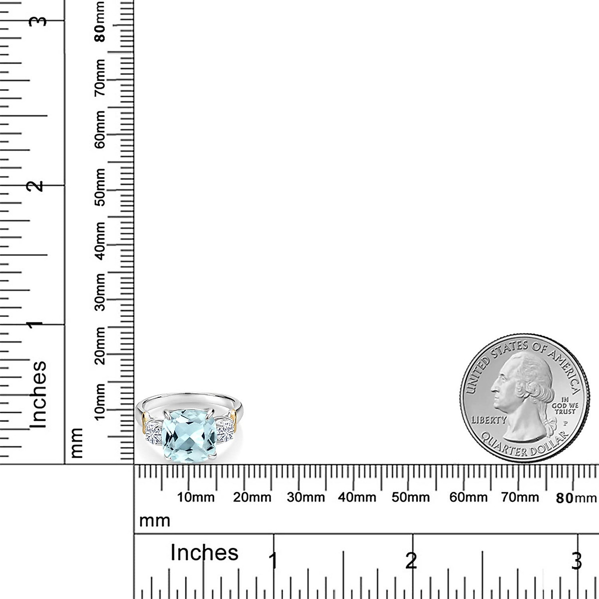 Gem Stone King 925 Sterling Silver and 10K Yellow Gold Cushion 10MM Gemstone Birthstone and Round 4MM White Moissanite 3 Stone Ring For Women Available In Size 5, 6, 7, 8, 9