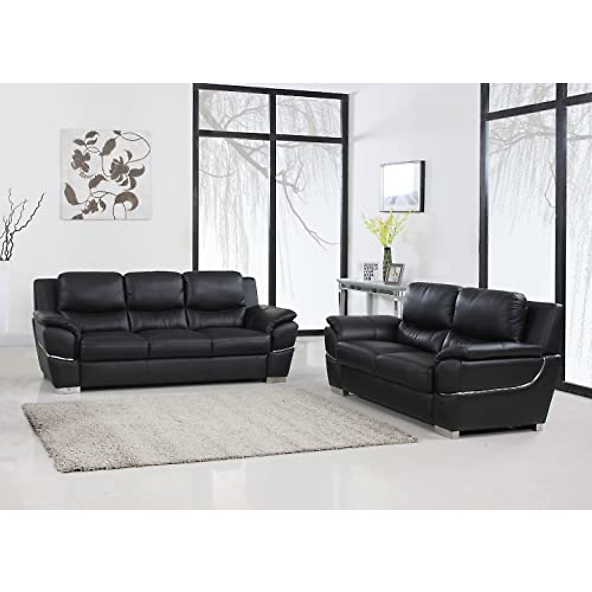 Blackjack Furniture Binion Modern Leather Loveseat for Living Room with Padded Headrests, Stainless Steel Legs & Accent Chrome Trim, Black