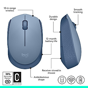 Logitech M170 Wireless Mouse for PC, Mac, Laptop, 2.4 GHz with USB Mini Receiver, Optical Tracking, 12-Months Battery Life, Ambidextrous - Blue Grey