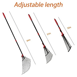 HXBYX 64 Inch Garden Leaf Rake, 15 Metal Tines, Adjustable Handle and Rake Tooth Spacing, Yard Leaf Rake for Picking up Leaves, Grass Clippings, Shrubs, Garbage and More