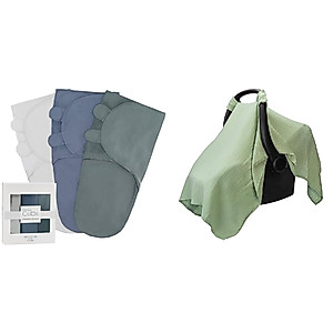 Comfy Cubs Swaddle Blanket Baby Girl Boy Easy Adjustable 3 Pack and Muslin Cotton Baby Car Seat Cover Bundled