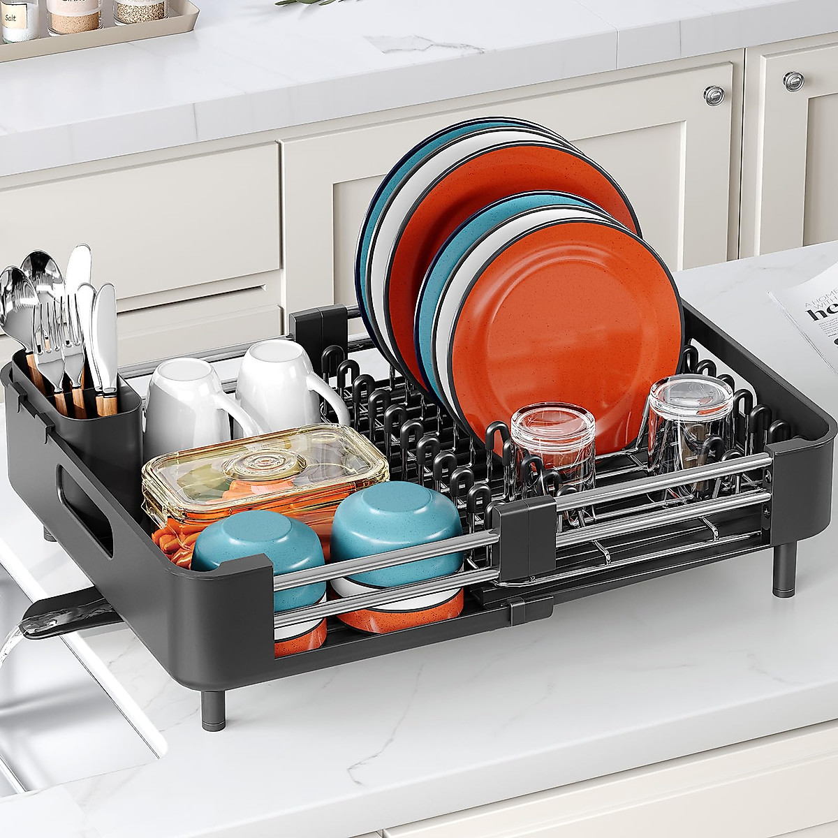 TOOLF Extendable Dish Rack, Dual Part Dish Drainers with Non-Scratch and Movable Cutlery Drainer and Drainage Spout, Adjustable Dish Drying Rack for Kitchen, 1 Piece Black