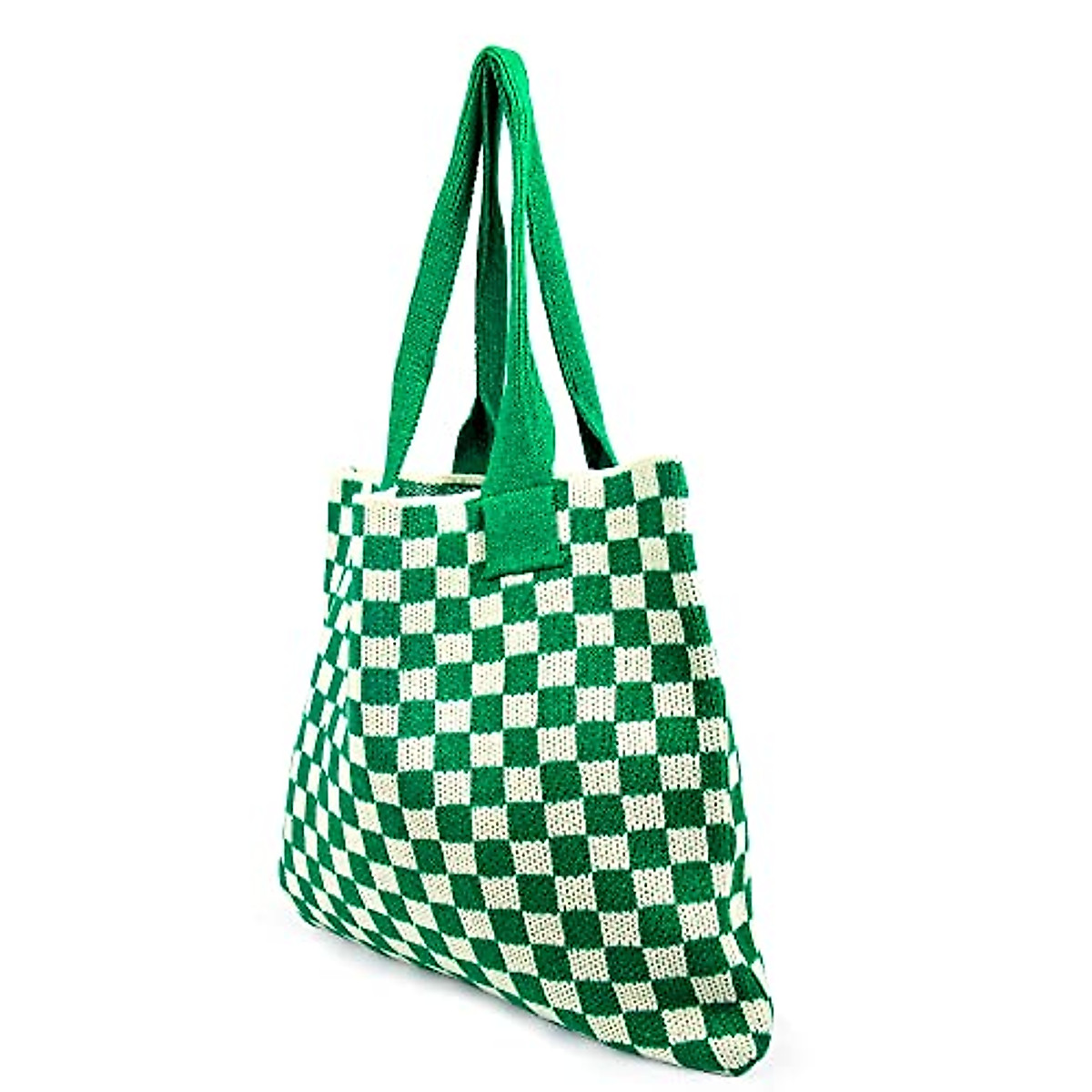 Stizimn Crochet Tote Bag for Women Shoulder Bag Handbags Knitting Hobo Bag Aesthetic Handmade Weaving Large Capacity (Checkerboard Pattern Green)