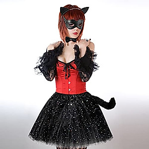 Chalyna 5 Pcs Black Cat Costume Set Girls Cat Costume Long Fur Cat Tail Cat Ears Headband Cat Tail Cat Bow Harlequin Mask with Black Star Tutu Skirt for Halloween Costume Dress up Party