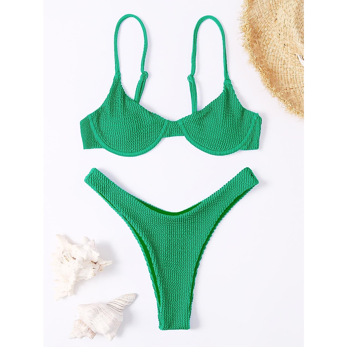 QWINEER Women's Underwire High Cut Bikini Set Bathing Suits 2 Piece Swimsuits 2024 A Green M
