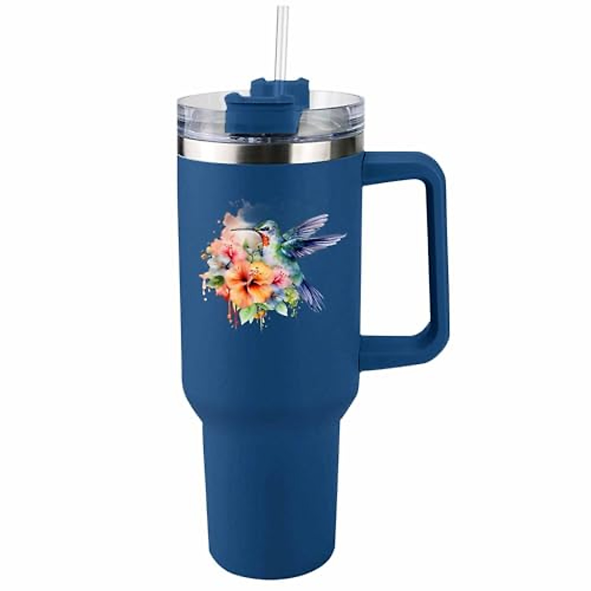 40 ounce insulated cup with handle, double-layer vacuum stainless steel material, equipped with straw, can keep warm or maintain cold drinks Flowers Hummingbird Cowboy Blue