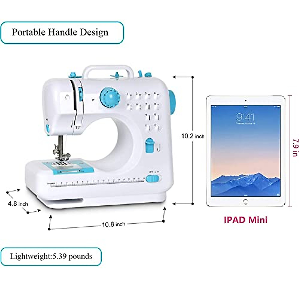 Mini Sewing Machine, Portable Multi-Purpose Crafting Mending Machine Household 12 Built-in Stitches & Double Thread for Beginners Blue