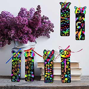 Blulu 100 Pieces 20 Styles Valentines Animal Scratch Bookmarks for Kids Magic Scratch Bookmarks DIY Bookmark Crafts with 100 Pieces Ropes and 20 Pieces Wood Stylus for Boys Girls Students Classroom
