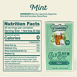 Southern Breeze Cold Brew Sweet Tea Mint Iced Tea with Black Tea and Zero Carbs Zero Sugar, 20 Individually Wrapped Tea Bags Southern Sweet Tea Iced Tea Beverage