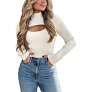 PRETTYGARDEN Women's 2023 Fashion Fall Clothes 2 Piece Cutout Tops Long Sleeve Mock Neck Rib Knit Winter Pullover Sweater (Beige White,Small)