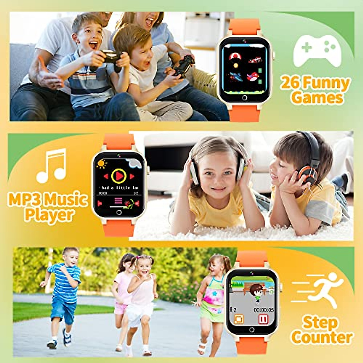 AWEHIRU Kids Smart Watch Girls Boys - Smart Watch for Kids Games Watch with 26 Games Music Player HDCamera Pedometer Alarm Video Flashlight Birthday Gifts for Kids 3-12 Years Old (Orange)